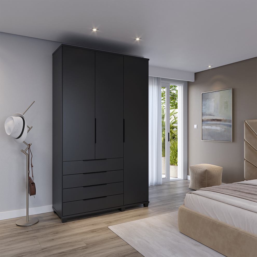 Guarda-Roupa Solteiro 3 Portas 4 Gavetas 100% MDF Allen 136 cm - Preto ...
